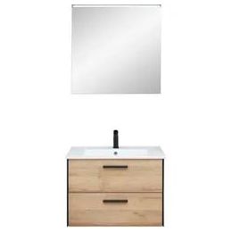 Badm&ouml;bel-Set SAPHIR "Quickset 395 2-teilig, Keramik-Waschtisch mit LED-Spiegel, 75 cm breit", braun, Riviera Eiche quer Nachbildungmit schwarzem L-Profil vorne, Kastenm&ouml;bel-Sets, Badm&ouml;bel-Set, Waschplatz mit 2 Schubladen, Riviera Eiche quer Nachbildung, Bad-Set
