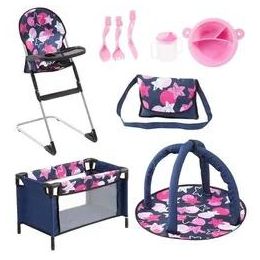 BAYER DESIGN 61769AB - Puppen Set 9 in 1 mit Reisebett, Tasche, Spielbogen, Hochstuhl, Plastik Geschirr, Puppenzubeh&ouml;r, blau, pink, Sterne
