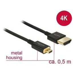 Delock HDMI Anschlusskabel HDMI-A Stecker, HDMI-Micro-D Stecker 0.50 m Schwarz 84788 4K UHD, vergoldete Steckkontakte HDMI-Kabel