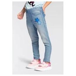 Jeansjeggings Kidsworld "Strecht-Jeans in Schlupfform", M&auml;dchen, Gr. 128, N-Gr, blau (light blau stone), Denim/Jeans, Obermaterial: 75% Baumwolle, 23% Polyester, 2% Elasthan, unifarben, Basic schmal lang, Jeans, schmale Beinform, mit Used-Waschung, normale Leibh&ouml;he