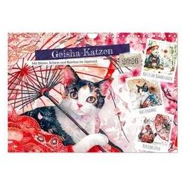 Geisha-Katzen - Mit Bl&uuml;ten, Schirm und Bambus im Japanstil (Wandkalender 2026 DIN A4 quer), Calvendo Monatskalender
