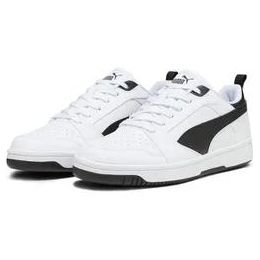 Sneaker Puma "REBOUND V6 LOW", Damen, Gr. 45, schwarz-wei&szlig; (Puma wei&szlig;, Puma schwarz, Puma schwarz), Synthetik, unifarben, Schuhe Sneaker, niedrig geschnitten, mit Schn&uuml;rverschluss, aus getrommeltem Leder