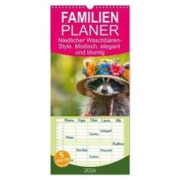 Familienplaner 2026 - Niedlicher Waschb&auml;ren-Style. Modisch, elegant und blumig mit 5 Spalten (Wandkalender, 21 x 45 cm) Calvendo