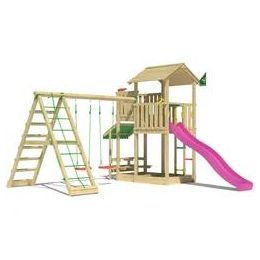 Spielturm Jungle Gym "Veranda", pink (fuchsia), Spielt&uuml;rme, KinderB:454cm H:310cm T:437cm, Holzwerkstoff, Spielanlage mit Schaukel, Kletterbock und Rutsche mit Wasseranschluss, B:454cm H:310cm T:437cm