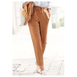 Schlupfhose Lascana, Damen, Gr. 40, N-Gr, braun (camelfarben), Stoff, Obermaterial: 88% Polyester, 12% Elasthan, unifarben, figurumspielend kn&ouml;chellang, Hosen Schlupfhose, aus Velourlederimitat mit Taschen, bequeme Stoffhose, Gummizugbund