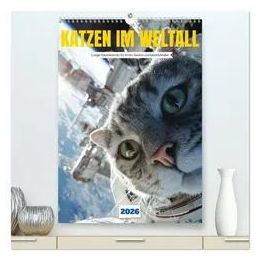 Calvendo Katzen im Weltall - lustiger Katzenkalender f&uuml;r Kinder, Familien und Katzenliebhaber (hochwertiger Premium Wandkalender 2026 DIN A2 hoch), Kunstdruck