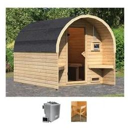 Fasssauna Karibu "Fasshaus 2", beige (naturbelassen), Bio-Kombiofen, externe Steuerung, 9 kW, Saunen, Ofen 9 kW Bio externe Strg easy