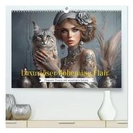 Calvendo Luxuri&ouml;ser Bohemian Flair - Elegante Frauen mit anmutigen Katzen (hochwertiger Premium Wandkalender 2026 DIN A2 quer), Kunstdruck in Hochglanz