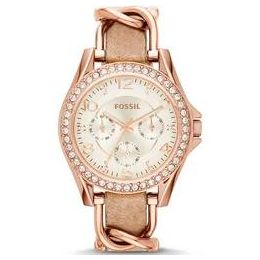 Multifunktionsuhr Fossil "RILEY", rosa (beige, ros&eacute;goldfarben), Armbanduhren, Damen, Quarzuhr, Armbanduhr, Damenuhr, Datum, Glassteine, Lederarmband