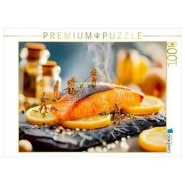 Calvendo Puzzle Miniatur Bauarbeiterin dekoriert gegrillten Lachs mit frischen Zitronenscheiben 1000 Teile Lege-Gr&ouml;&szlig;e 64x48cm Foto-Puzzle f&uuml;r gl&uuml;ckl