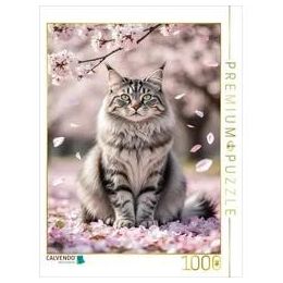 Calvendo Puzzle Eine Maine Coon Katze sitzt zwischen Kirschbl&uuml;ten und strahlt Ruhe und Anmut im Fr&uuml;hling aus. 1000 Teile Lege-Gr&ouml;&szlig;e 64x48cm Foto-Puz
