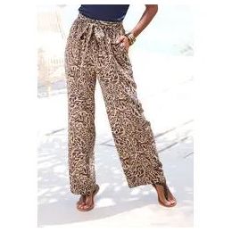 Palazzohose Buffalo, Damen, Gr. 44, N-Gr, bunt (beige, jeansblau bedruckt), Web, Obermaterial: 100% Viskose, bedruckt, figurumspielend bodenlang, Hosen Palazzohose, aus gewebter Viskose, Stoffhose mit Taschen und G&uuml;rtel, Sommerhose