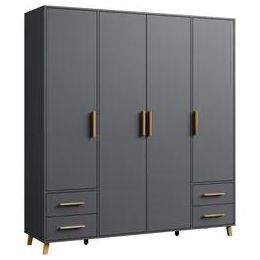 Dreht&uuml;renschrank Rauch "Kleiderschrank Schrank Garderobe SHINJO Breiten 93/140/187 cm", grau (graumetallic), B:187cm H:203cm T:53cm, Holzwerkstoff, Schr&auml;nke, Dreht&uuml;renschrank, Griffe und F&uuml;&szlig;e aus Massivholz mit 2 Schubladen MADE IN GERMANY