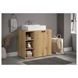 Waschtisch Welltime "Amrum Waschbeckenunterschrank und Waschbecken", braun (eiche, eiche), B:90cm H:79cm T:53cm, FSC-zertifizierter Holzwerkstoff, Kunststoff, Metall, Waschtische, Waschtisch, Waschbeckenunterschrank mit Rillenoptik - Ma&szlig;e (B/T/H) 90/53/79 cm