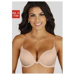 Push-up-BH Lascana, Damen, Gr. 75, Cup A, beige (puder), Spitze, Obermaterial: 60% Polyamid, 35% Polyester, 5% Elasthan, BHs Push-up-BH, mit Vorderverschluss und transparenten Tr&auml;gern