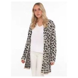 Cardigan Zwillingsherz "Classic Leo Uni", Damen, Gr. S/M, beige (leo beige), Strick, Obermaterial: 50% Baumwolle, 50% Polyacryl, ca. Mitte Oberschenkel, V-Ausschnitt, Strickjacken, Animal-Muster, Langarm, ohne Verschluss, Midi-L&auml;nge