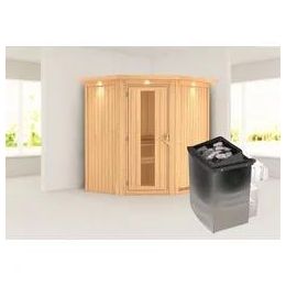 Sauna Karibu "&raquo;Liyah&laquo; mit Energiespart&uuml;r Kranz naturbelassen", beige (naturbelassen), Saunaofen, integrierte Steuerung, (ohne Ofen), Saunen, in verschiedenen Ausf&uuml;hrungen erh&auml;ltlich