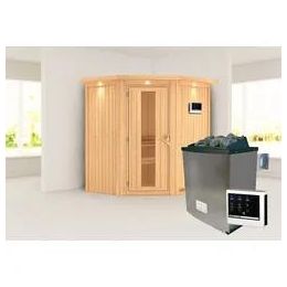 Sauna Karibu "&raquo;Liyah&laquo; mit Energiespart&uuml;r Kranz naturbelassen", beige (naturbelassen), Saunaofen, externe Steuerung, (ohne Ofen), Saunen, in verschiedenen Ausf&uuml;hrungen erh&auml;ltlich