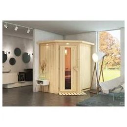 Sauna Karibu "&raquo;Liyah&laquo; mit Energiespart&uuml;r Kranz naturbelassen", beige (naturbelassen), ohne Ofen, ohne Steuerung, (ohne Ofen), Saunen, in verschiedenen Ausf&uuml;hrungen erh&auml;ltlich