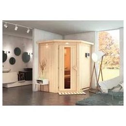 Sauna Karibu "&raquo;Liyah&laquo; mit Energiespart&uuml;r Kranz naturbelassen", beige (naturbelassen), Bio-Kombiofen, externe Steuerung, (ohne Ofen), Saunen, in verschiedenen Ausf&uuml;hrungen erh&auml;ltlich