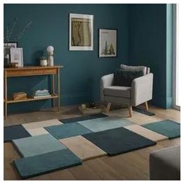 Wollteppich FLAIR RUGS "Abstract Collage, 100% Wolle", blau (petrol), B:66cm H:11mm L:300cm, Wolle, Teppiche, Karo Design, Patchwork, modern, mehrfarbig, Wohnzimmer, Schlafzimmer
