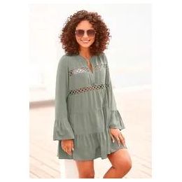 Longbluse Lascana, Damen, Gr. 40/42, gr&uuml;n (helles khaki), Web, Obermaterial: 100% Viskose, unifarben, figurumspielend kurz, V-Ausschnitt, Volant, Blusen Longbluse, mit Spitzeneins&auml;tzen, Tunika, Blusenkleid, Strandmode