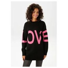 Strickpullover Aniston CASUAL, Damen, Gr. 44, schwarz (schwarz, pink), Strick, Obermaterial: 100% Baumwolle, unifarben mit Farbeinsatz, oversize Po-bedeckend, Rundhals, Strickb&uuml;ndchen, Pullover Strickpullover, mit eingestricktem LOVE-Schriftzug