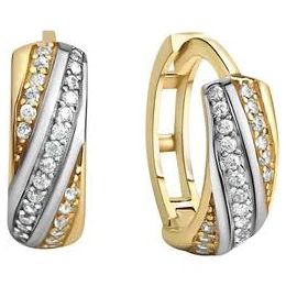 Paar Creolen Firetti "Schmuck Geschenk Gold 375 Ohrschmuck Ohrringe bicolor", gelb (gelbgoldfarben, wei&szlig;goldfarben, kristallwei&szlig;, kristallwei&szlig;), Ohrringe, Damen, 13,5mm, Gelbgold 375, mit Zirkonia (synth.)