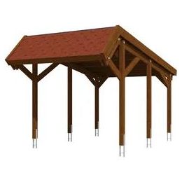 Skan Holz Einzelcarport SKANHOLZ "Harz", braun (nussbaum), B/H/T: 321cm x 219cm x 560cm, Carports, mit roten Dachschindeln
