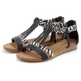 Sandale Lascana "Sommerschuh, Sandalette, offener Schuh", Damen, Gr. 37, schwarz-wei&szlig; (schwarz, zebra), Obermaterial: 50% Lederimitat, 50% Textilmaterial. Decksohle: 100% Lederimitat. Futter: 100% Lederimitat. Laufsohle: 100% Synthetik, bedruckt, Basic, Schuhe Sandale, mit aufwendiger Verzierung VEGAN, Topseller