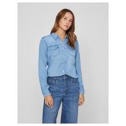 Jeansbluse Vila "VIBISTA DENIM SHIRT/SU-NOOS", Damen, Gr. XS, blau (medium blau denim wash:clean), Web, Obermaterial: 70% Lyocell, 30% Baumwolle, unifarben, regular fit h&uuml;ftlang, Blusen Jeansbluse