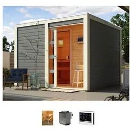 Saunahaus Konifera "Ruben", grau (terragrau), Bio-Ofen, externe Steuerung, 9 kW, Saunen, Ofen 9 kW Bio externe Strg easy