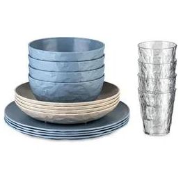 Geschirr-Set Koziol "CLUB SET G&Ouml;TEBORG", blau (nature desert sand, nature flower blau), 16 Stk., Kunststoff, Geschirr-Sets, Geschirr-Set, sp&uuml;lmaschinengeeignet, melaminfrei, CO2 neutrale Produktion