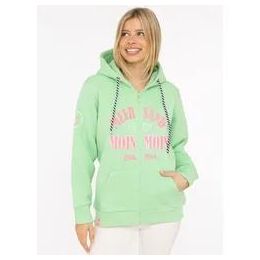 Sweatjacke Zwillingsherz "Moin Moin", Damen, Gr. S/M, gr&uuml;n (neongr&uuml;n), angeraute Sweatware, Obermaterial: 50% Baumwolle, 50% Polyester, h&uuml;ftbedeckend, ohne Ausschnitt, angesetztes B&uuml;ndchen, Sweatjacken Sweatjacke, Kapuze, Langarm, Rei&szlig;verschluss, modisch, maritim, Kordelzug