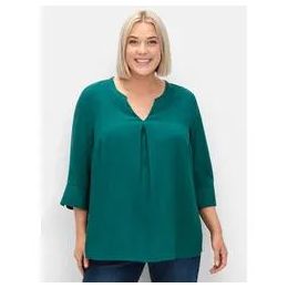 Longbluse sheego, Damen, Gr. 52, blau (petrol), 100% Viskose, unifarben, V-Ausschnitt, Blusen Longbluse