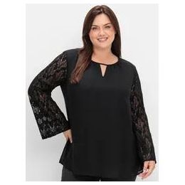 Longbluse sheego, Damen, Gr. 48, schwarz, 100% Polyester, &Auml;rmel:70% Baumwolle, 30% Polyamid, unifarben, Rundhals, Blusen Longbluse