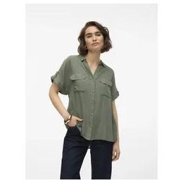 V&eacute;ro Moda Kurzarmbluse VERO MODA "VMBUMPY S/S SHIRT WVN GA NOOS", Damen, Gr. XS, gr&uuml;n (laurel wreath), Web, Obermaterial: 100% Viskose, unifarben, regular fit normal, V-Ausschnitt, mit Aufschlag, Blusen, Viskose, regular fit