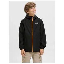 Jack & Jones Regenjacke JACK & JONES JUNIOR "JJEFLYNN RAIN JACKET SN JNR", Jungen, Gr. 164, schwarz detail:schwarz cheddar zipper, Web, Obermaterial: 100% Polyester, unifarben mit Farbeinsatz, regular fit normal, elastischer Bund, Jacken Regenjacke