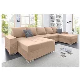 Wohnlandschaft Collection AB "Josy XXL U-Form, B: 333 cm, mit 2 Recamieren 77 & 97 cm", hellbraun, B:333cm H:84cm T:161cm, 100% Polyester, Sofas, Wohnlandschaft, Bettfunktion, Bettkasten & 2 Zierkissen, Federkern