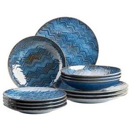 M&auml;ser Tafelservice M&Auml;SER "AQUAMARINE, Geschirr-Set, Steinzeug", blau, zickzack, dekor, 12 Stk., Steinzeug, Geschirr-Sets, Tafelservice, Teller Set