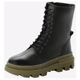 Schn&uuml;rstiefelette sheego, Damen, Gr. 43, schwarz, khaki, Glattleder, Leder, Schuhe Schn&uuml;rstiefelette