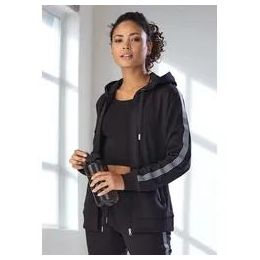 H.I.S. Kapuzensweatjacke H.I.S, Damen, Gr. XL (48/50), schwarz, Interlock, Obermaterial: 100% Baumwolle, unifarben mit Farbeinsatz, bequem h&uuml;ftlang, Rippb&uuml;ndchen, Sweatjacken, mit seitlichem Tapestreifen