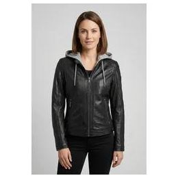 Lederjacke Mauritius "MWAlani", Damen, Gr. 4XL (48), schwarz, Obermaterial: 100% Schafsleder. Futter: 100% Polyester. Kapuze: 55% Baumwolle, 45% Polyester. &Auml;rmelfutter: 100% Polyester, unifarben, regular fit h&uuml;ftlang, abgesteppt, Jacken, Bikerjacke mit abnehmbarer Kapuze