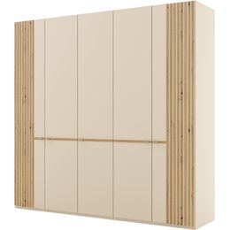 Kleiderschrank Musterring "Isabelle", beige (champagner, dekor), Schr&auml;nke, Champagner-Dekor, B/H/T: 246,3cm x 216cm x 58cm, T&uuml;ren: 5 Stk. Lamellen in Bianco Eiche-Nachbildung, Hartfaserplatte, Holzwerkstoff, Kleiderschrank, Lamellen in Eiche, Griffe in silber, verschiedene Gr&ouml;&szlig;en und Farben, B:246,3cm H:216cm T:58cm