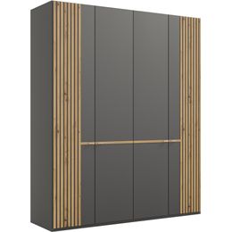 Kleiderschrank Musterring "Isabelle", grau (graphit, dekor), Schr&auml;nke, Graphit-Dekor, B/H/T: 197,3cm x 216cm x 58cm, T&uuml;ren: 4 Stk. Lamellen in Bianco Eiche-Nachbildung, Hartfaserplatte, Holzwerkstoff, Kleiderschrank, Lamellen in Eiche, Griffe in silber, verschiedene Gr&ouml;&szlig;en und Farben, B:197,3cm H:216cm T:58cm
