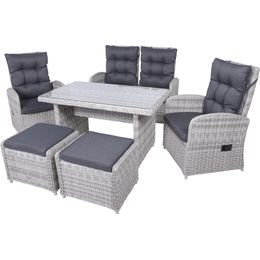 Garten-Essgruppe Garden Pleasure "Tischgruppe &raquo;LYON&laquo; grau", grau, Wicker/Kunststoffgeflecht, Sitzm&ouml;bel-Sets, 2 Sessel, 1 Bank, 2 Hocker, Tisch LxB: 122x72 cm, inkl Auflagen, Topseller