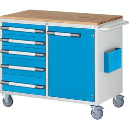eurokraft pro Kompaktwerkbank, fahrbar, 5 Schubladen, 1 T&uuml;r, HxB 975 x 1145 mm, lichtgrau / lichtblau