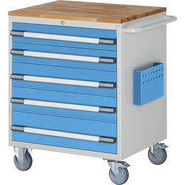 eurokraft pro Kompaktwerkbank, fahrbar, 5 Schubladen, HxB 975 x 770 mm, lichtgrau / lichtblau