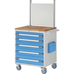 eurokraft pro Kompaktwerkbank, fahrbar, 5 Schubladen, HxB 1675 x 770 mm, lichtgrau / lichtblau