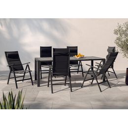 Garten-Essgruppe Konifera "&raquo;Melbourne&laquo;", grau (anthrazit, schwarz, anthrazit), Einlegeplatte, 7tlg. Set Melbourne, Aluminium, Polyester, Polywood, Sitzm&ouml;bel-Sets, mit ausziehbarem Tisch 163 - 213cm und verstellbaren St&uuml;hlen